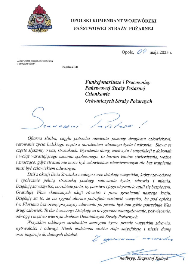 Życzenia Opolskiego Komendanta Wojewódzkiego Państwowej Straży Pożarnej z okazji Dnia Strażaka ...