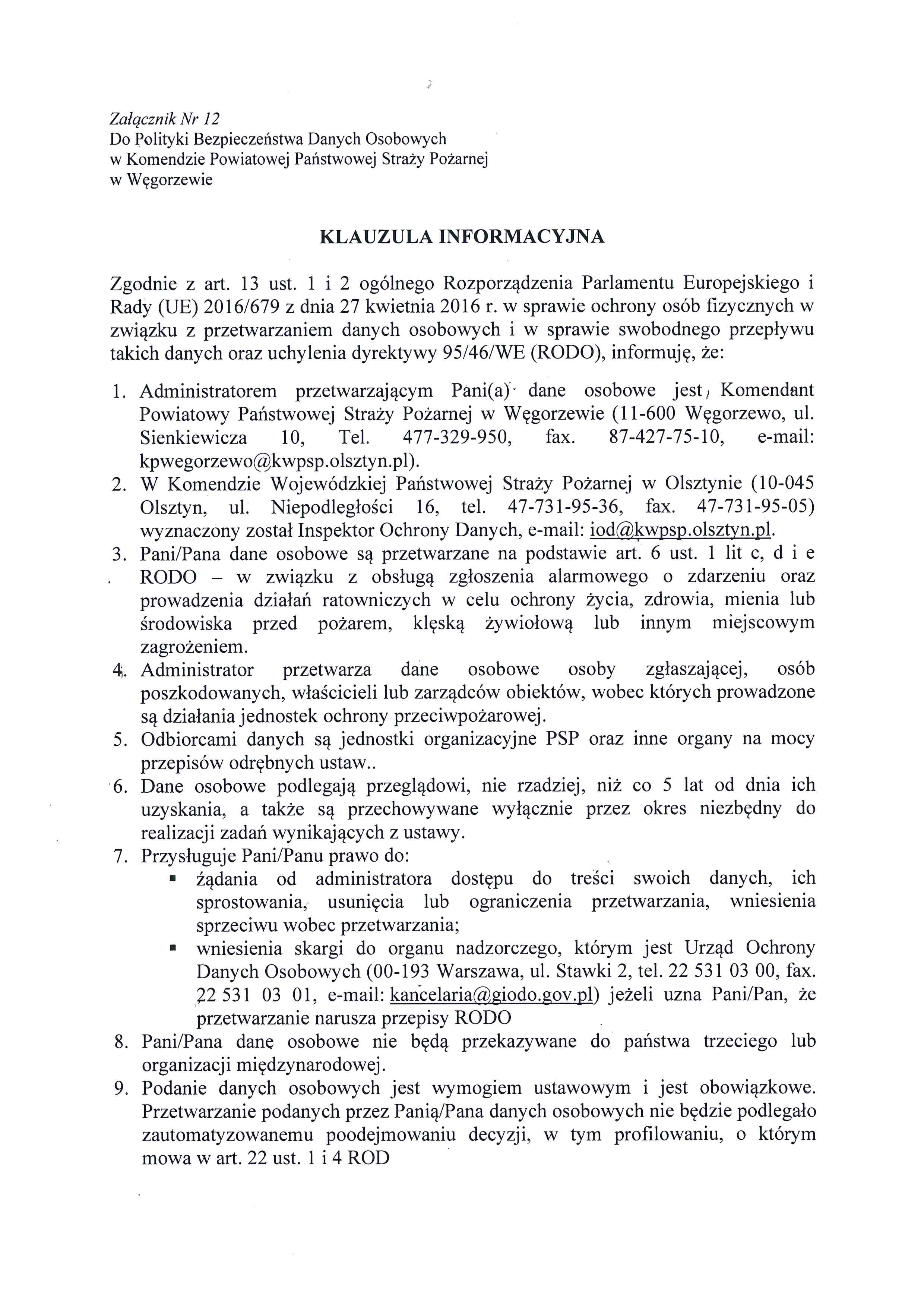 Klauzula informacyjna wynikająca z art.13 i art. 14 RODO - Komenda Powiatowa Państwowej Straży ...