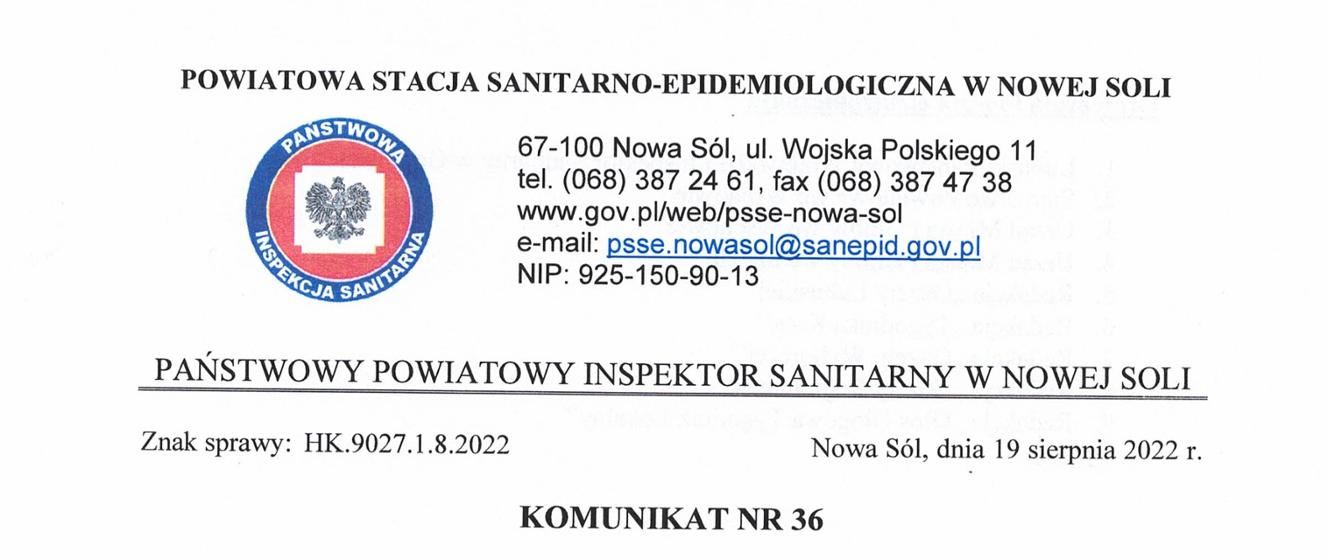 Komunikat nr 36 z 2022r - Powiatowa Stacja Sanitarno-Epidemiologiczna w Nowej Soli - Portal Gov.pl